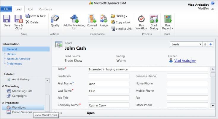 Dynamics CRM 2011, Use workflows to notify a user when new lead is ...